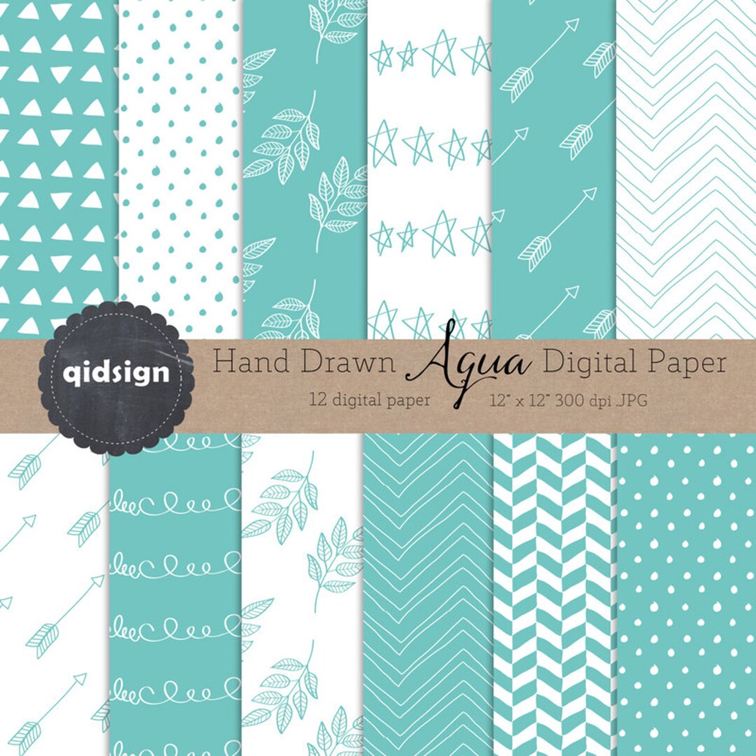 Aqua Digital Paper, Handrawn Pattern, Chevron Background, Scrapbooking ...