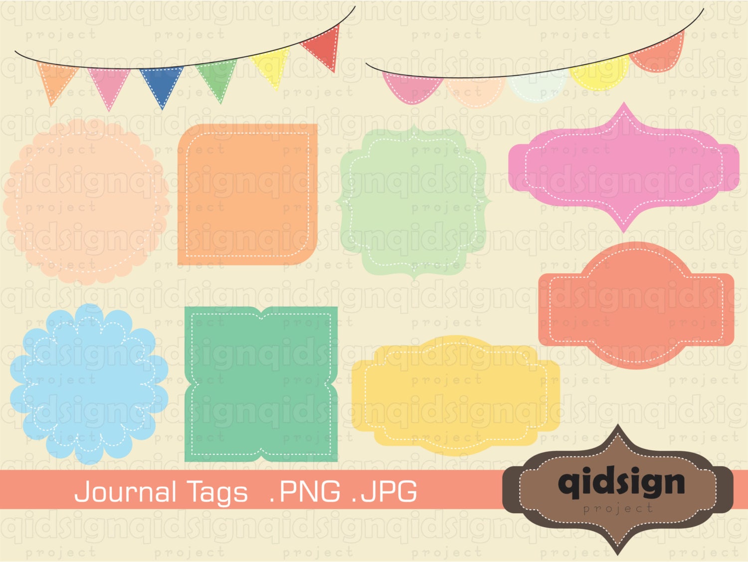 Candy Journal Tags and Stitched Bunting Clipart Pastel Frames Personal ...