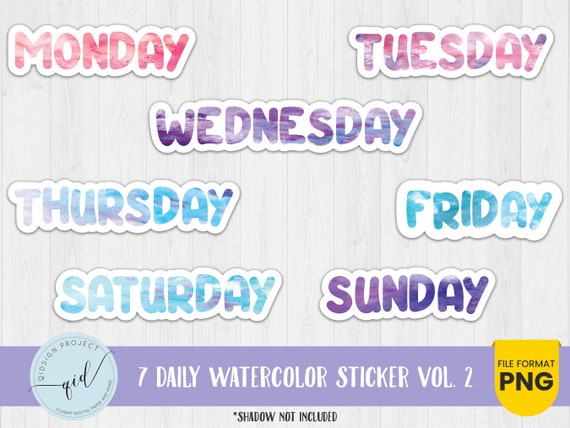 7 Daily Watercolor Sticker Vol 2, Weekly Stickers by qidsignproject ...