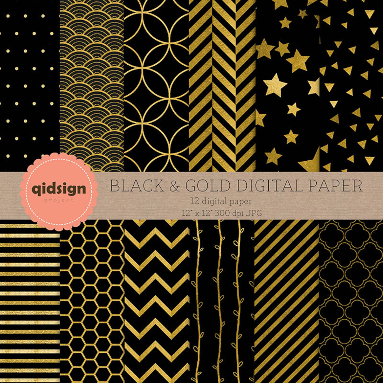 Black & Gold Digital Paper Chevron Stripes Dots Geometric Laurel ...