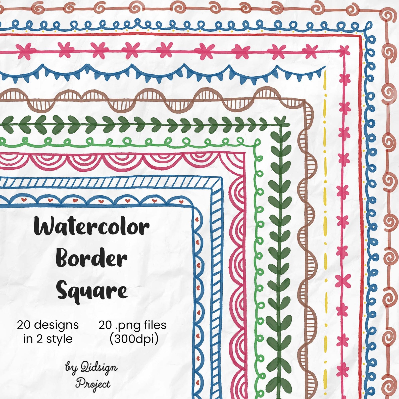 20 Watercolor Border Square, Decorative Element, Hand Drawn Border ...
