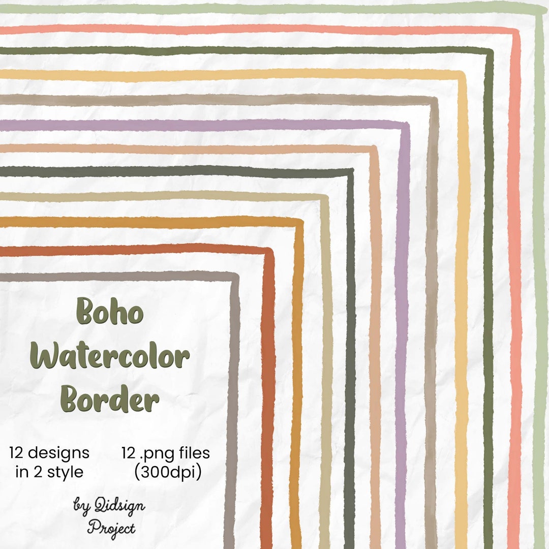 12 Boho Watercolor Border, Decorative Element, Hand Drawn Border ...