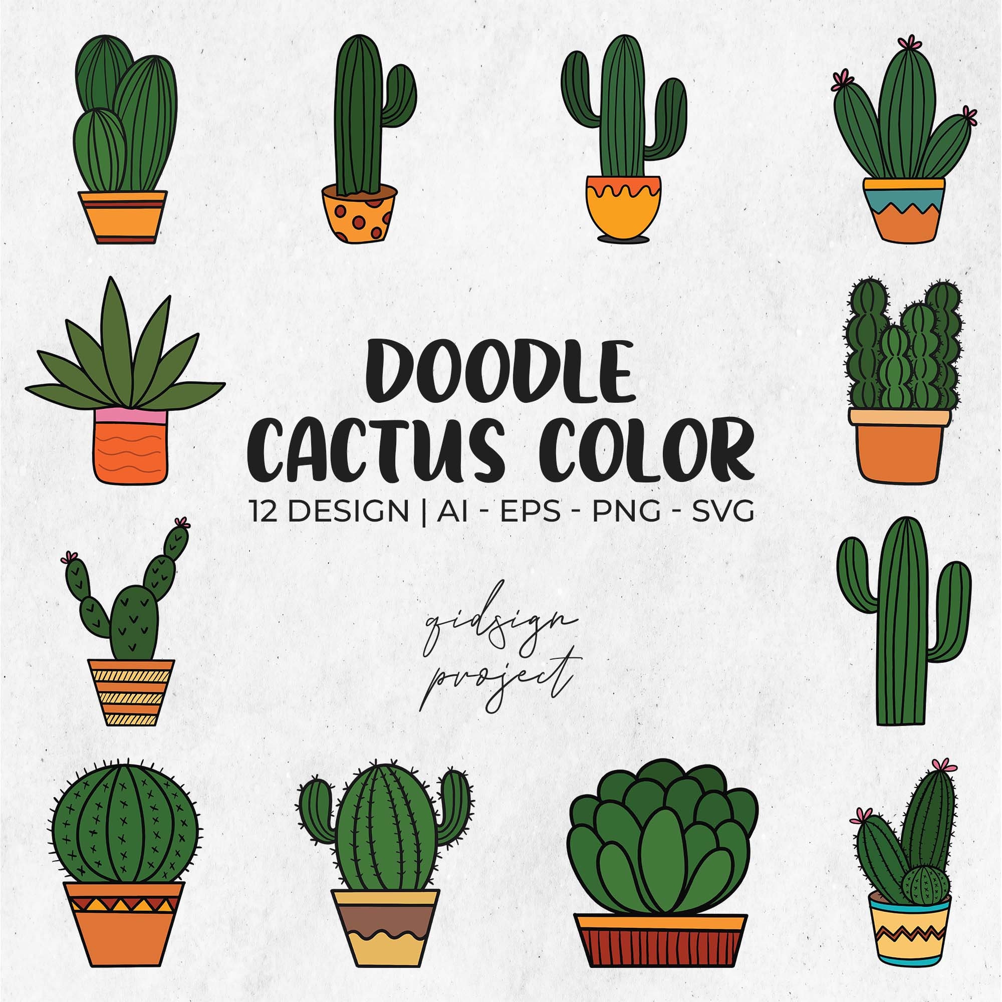 12 Doodle Cactus Color, Cactus Clipart, House Plants Clipart, Cactus ...