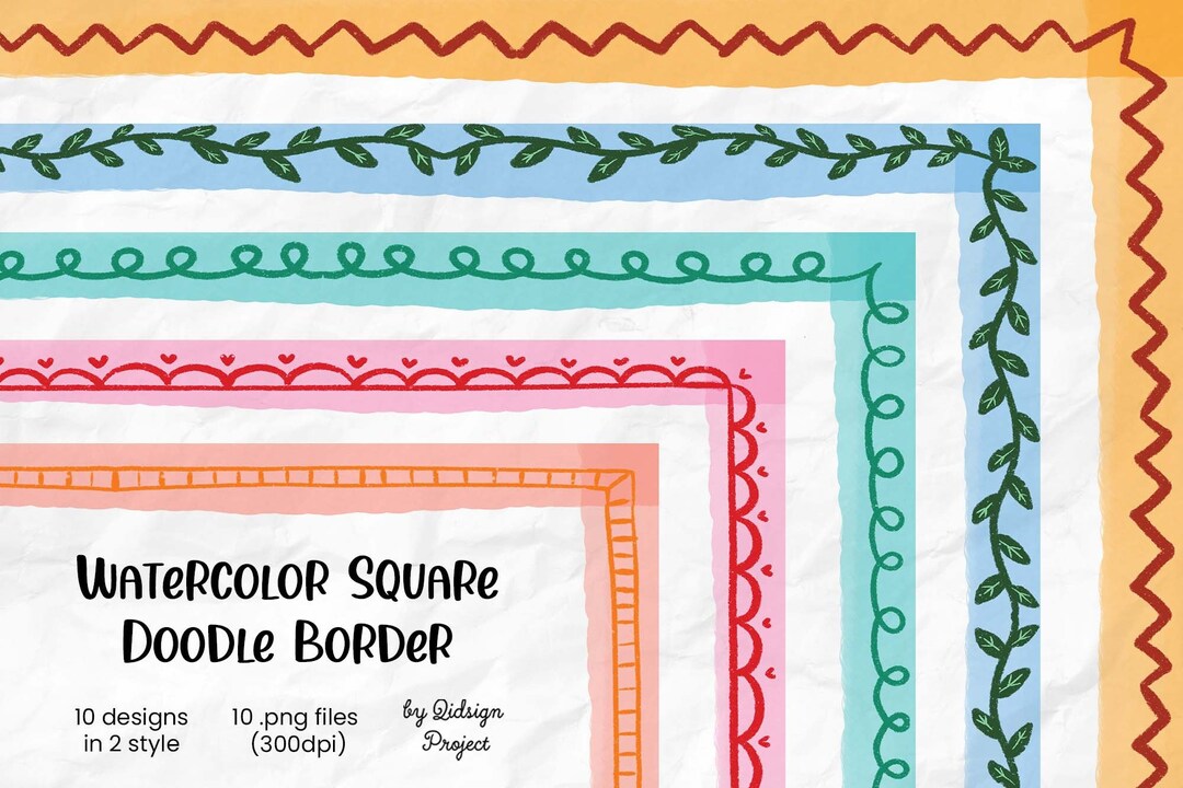 10 Watercolor Square Doodle Border, Decorative Element, Watercolor ...
