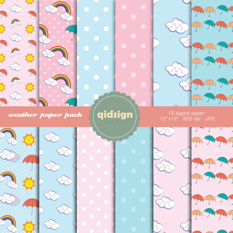 Weather Paper Digital Paper Pack 12x12 Cloud Sun - Etsy