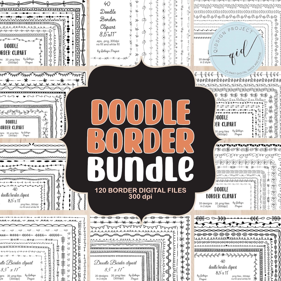 120 Black and White Hand Drawn Borders and Frames Bundle Clipart, PNG ...