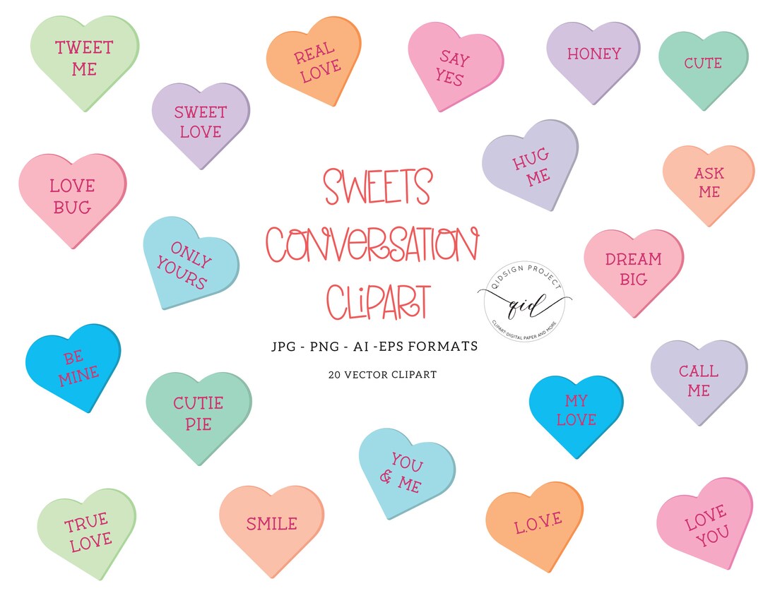 Sweet Heart Shape Candy, Sweets Conversation Hearts, Vector Hand-drawn ...