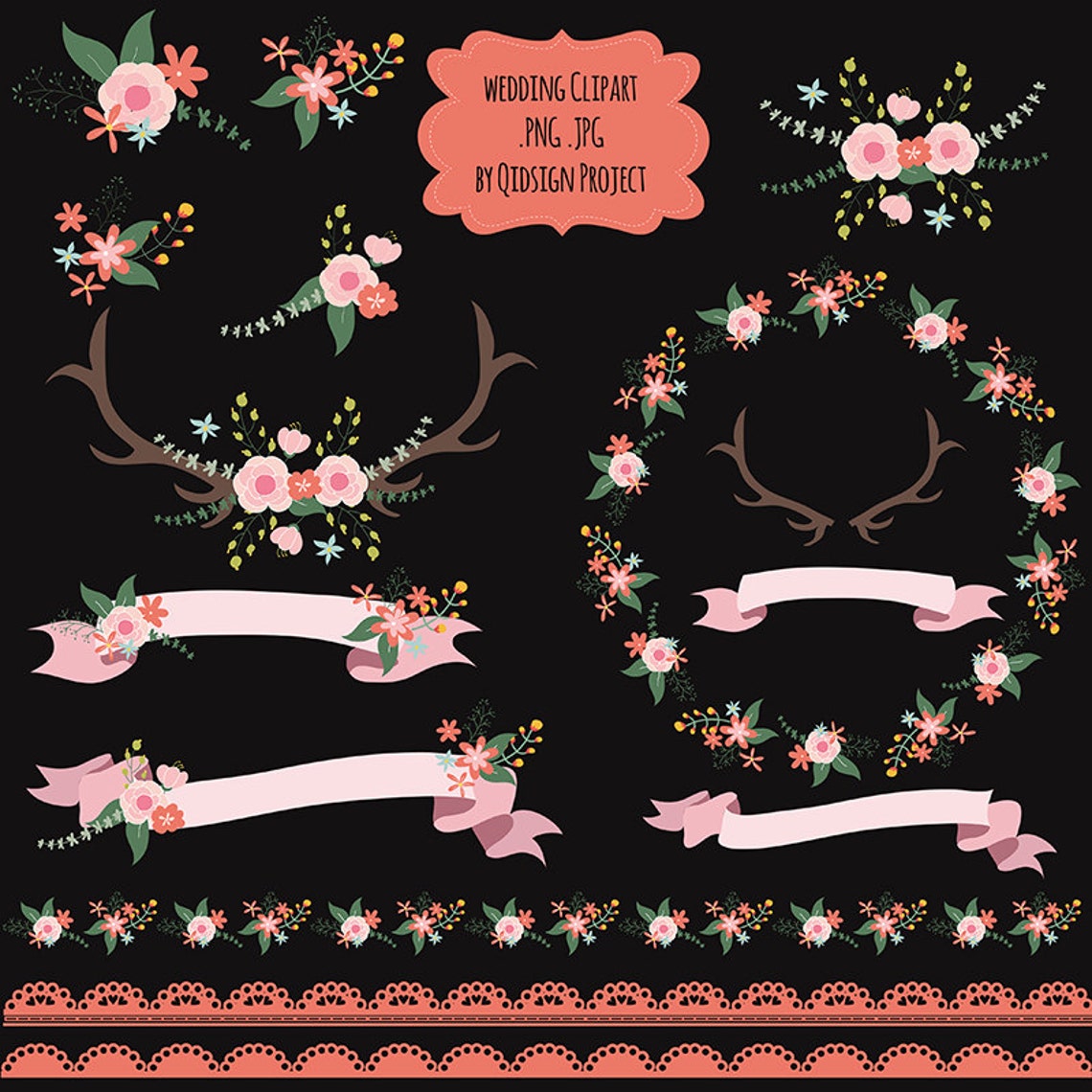 Wedding Clipart Floral Frames Bouquet Clipart Save the Date - Etsy