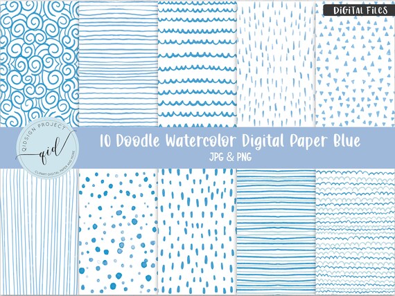 10 Doodle Watercolor Digital Paper Blue Scrapbooking Paper - Etsy