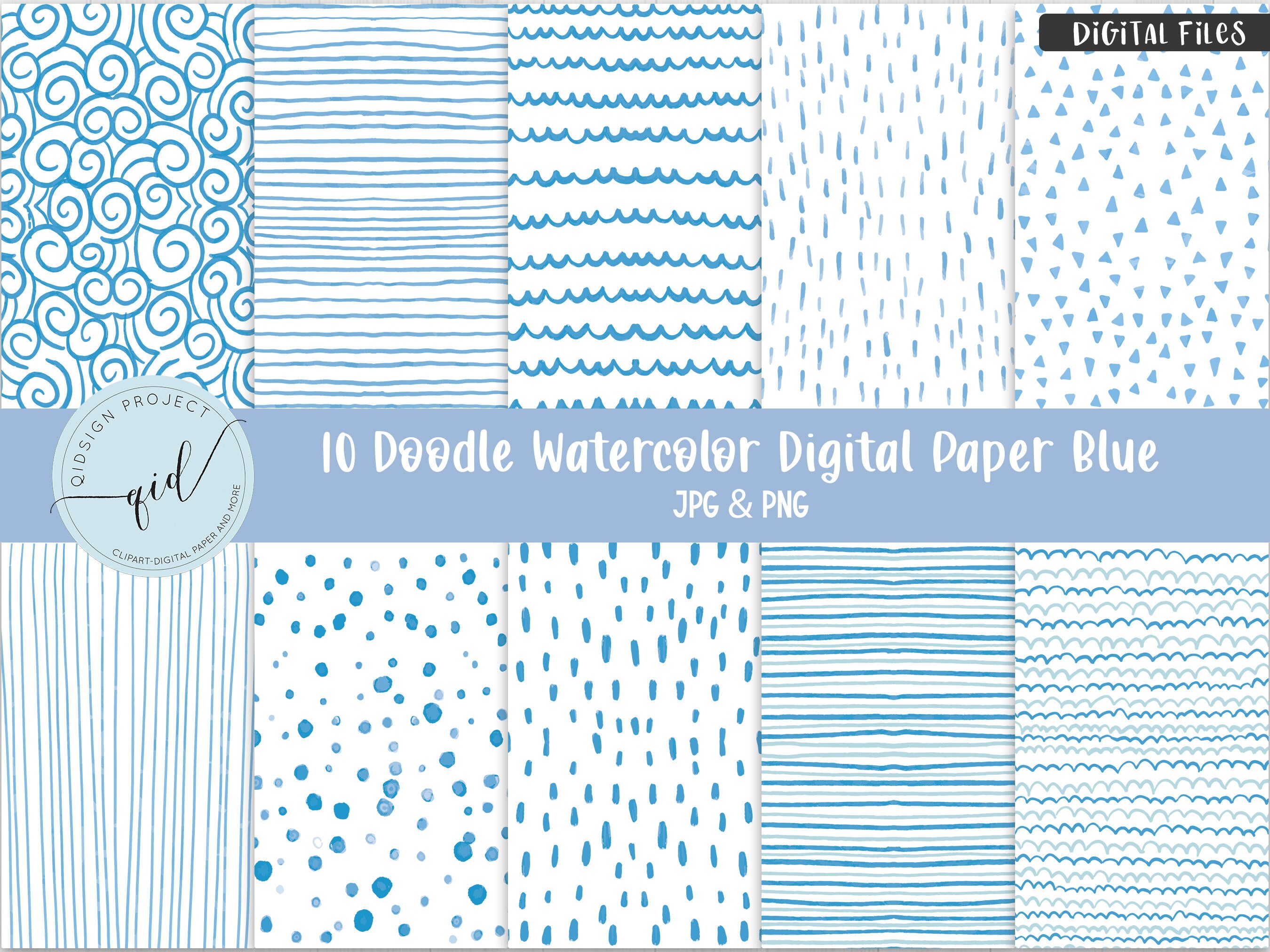 10 Doodle Watercolor Digital Paper Blue, Scrapbooking Paper Photography ...
