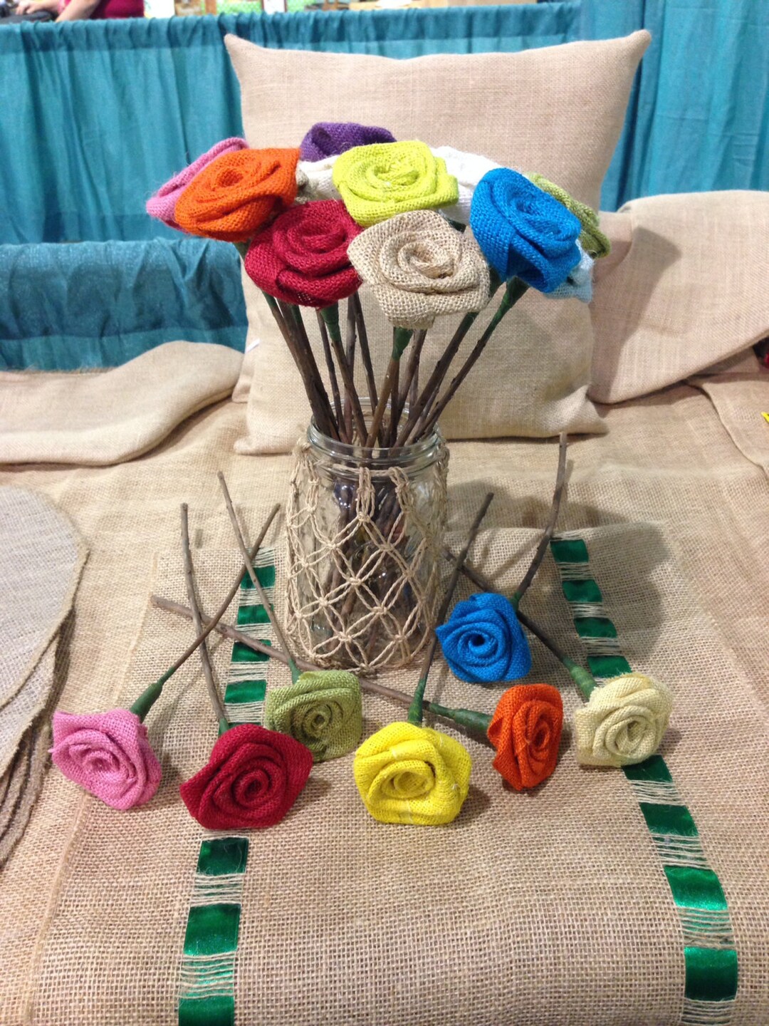 Burlap Rosettes With Twig Stems - Flower Rose Wedding - Wedding Bouquet ...