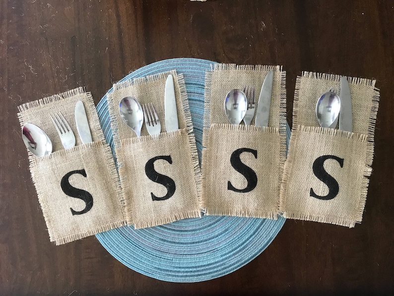 Burlap Silverware Holder Silverware Holder With Initial - Etsy
