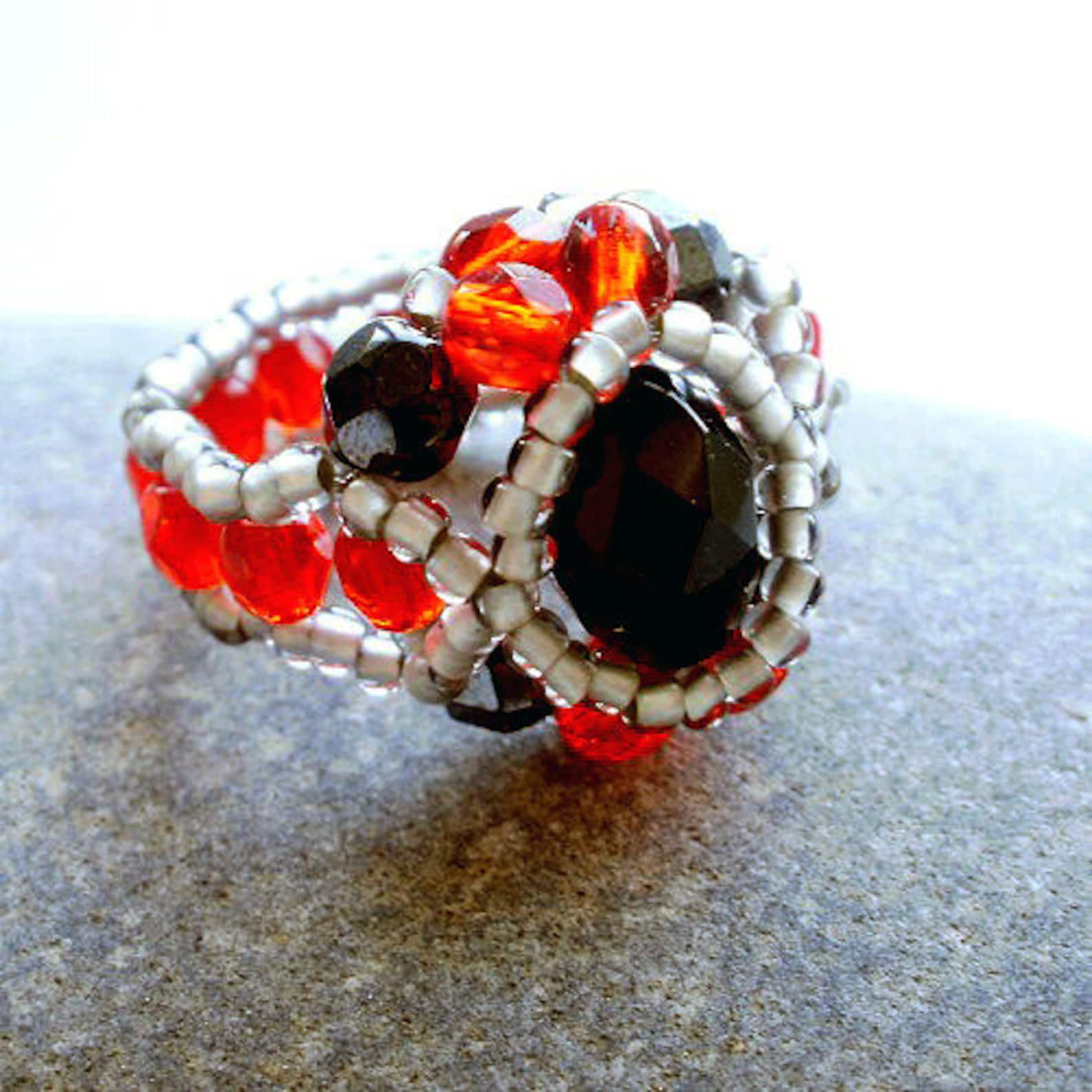 Seed Bead Ring, Seed Bead Jewelry, Beaded Rind, Beadwork, Red Ring ...