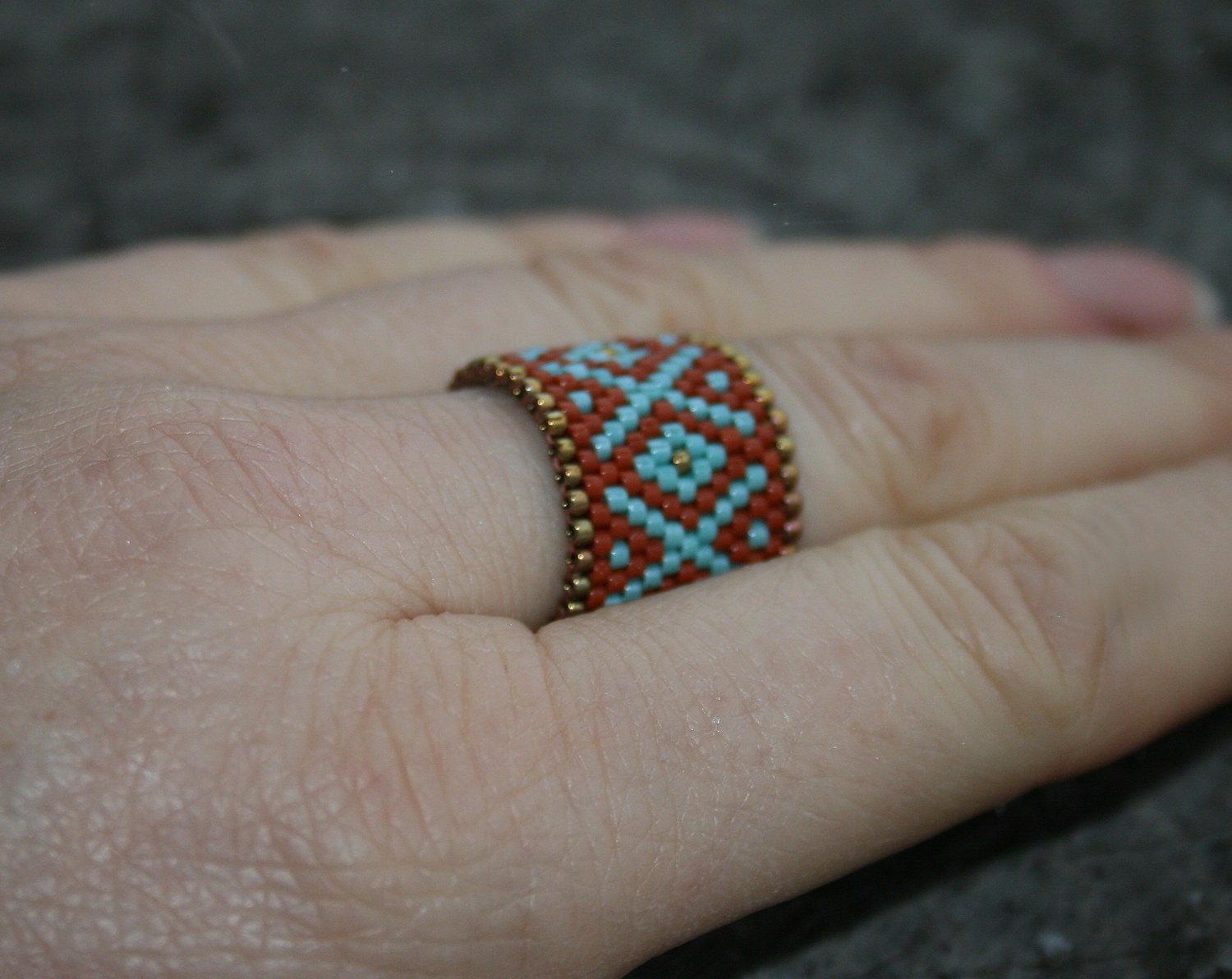Turquoise Glass Ring, Terracotta Ring Beaded Native SEED BEAD Band ...