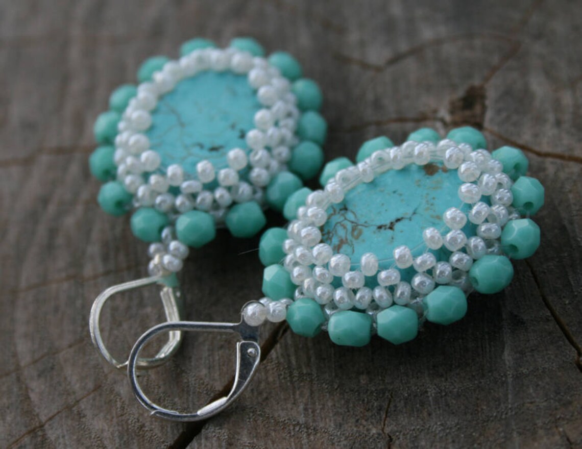 Beaded Earrings Howlite Earrings Dangle Earrings Flower Etsy