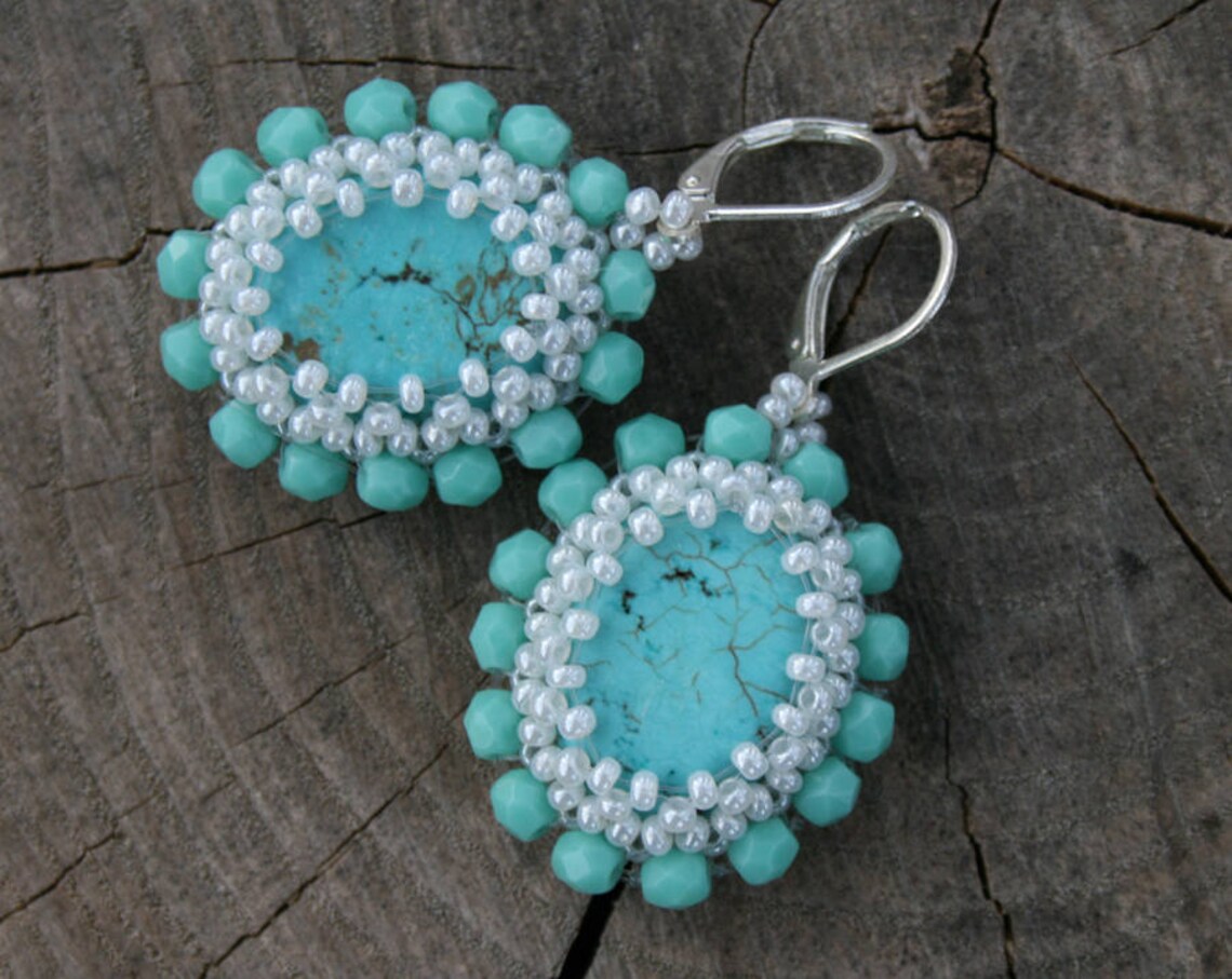 Beaded Earrings Howlite Earrings Dangle Earrings Flower Etsy