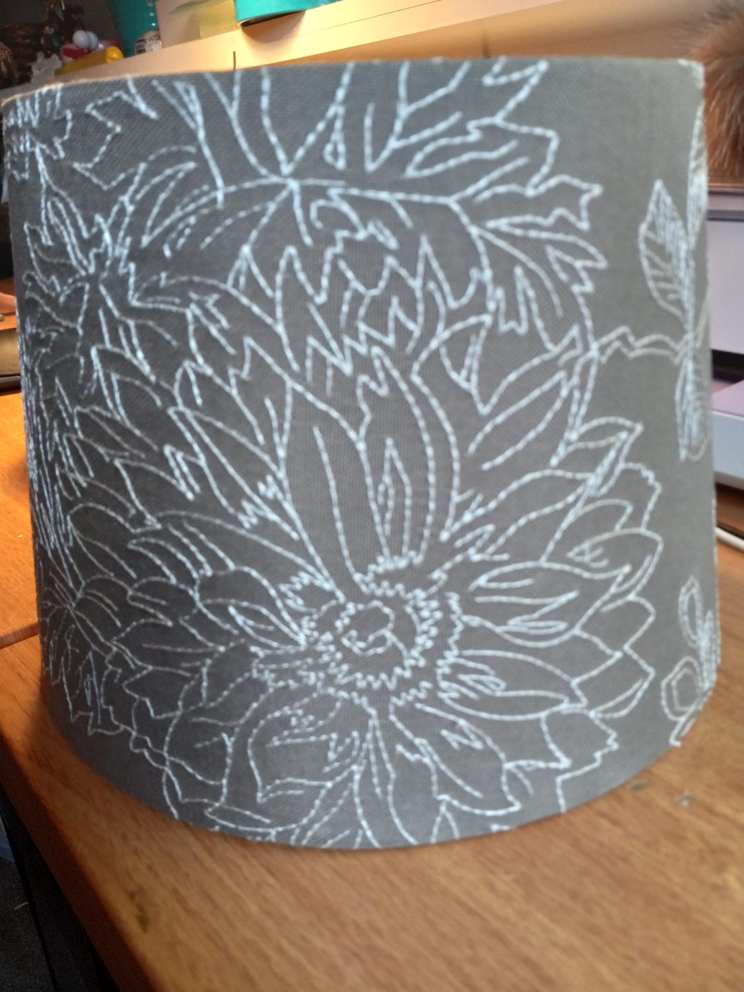 Vtg Grey Fabric Lamp Shade With White Stiching Design,uno Attachment, 7 ...