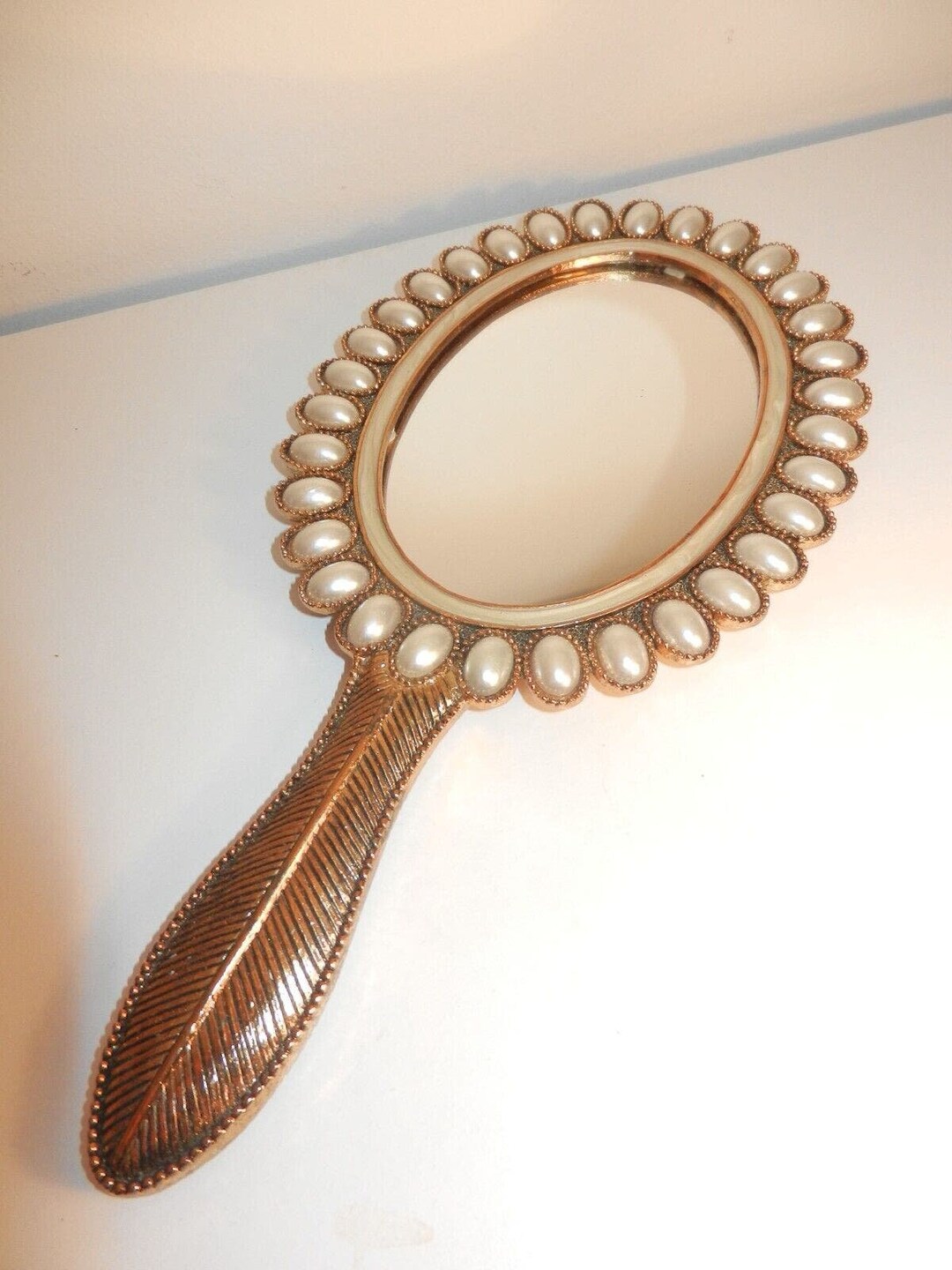 VTG Victorian Oval Hand Mirror Edged in Pearl Like Decor. Gold Finish ...