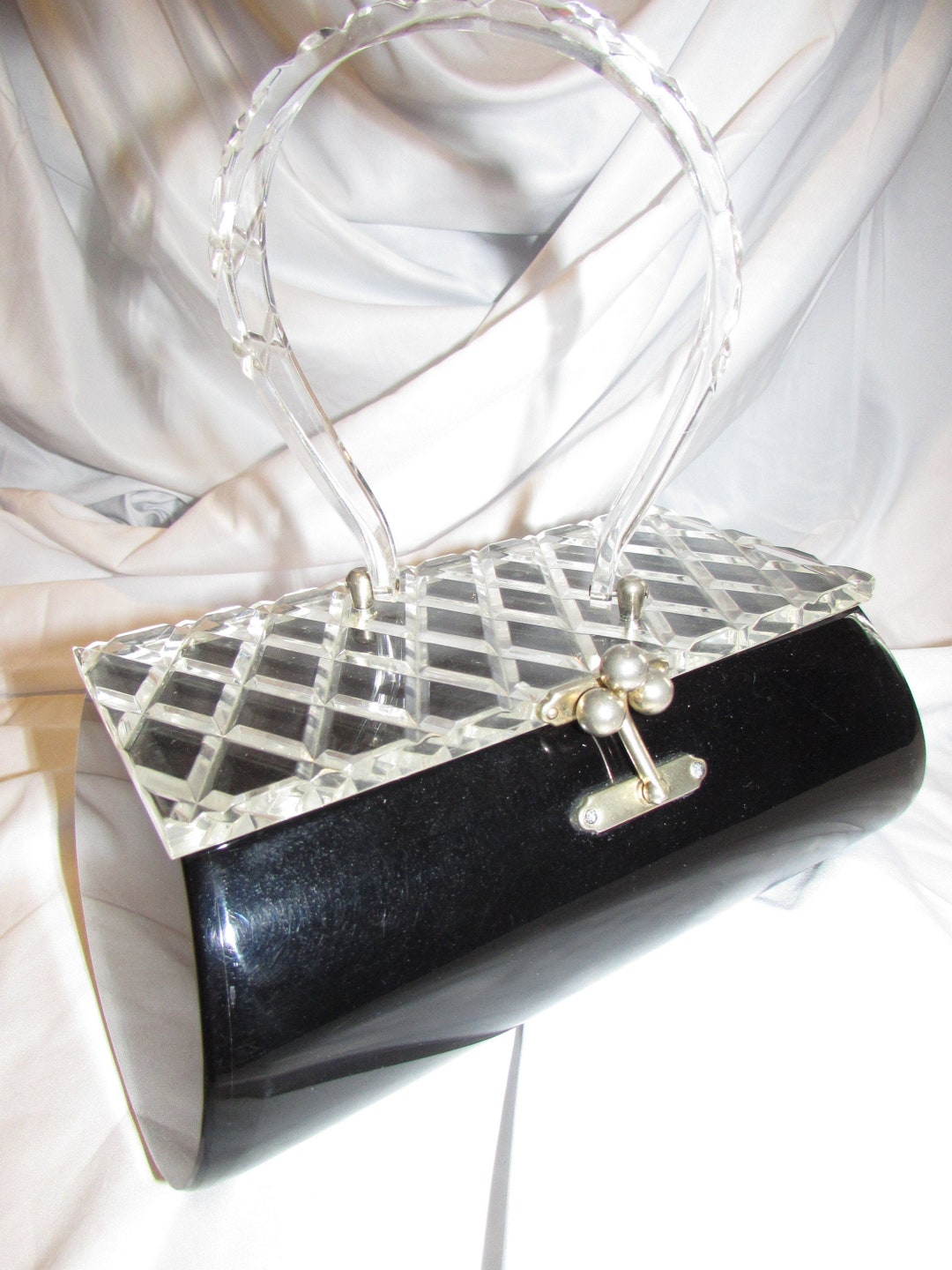 VINTAGE Florida Handbags Shiny Black Lucite With Clear Diamond Cut ...