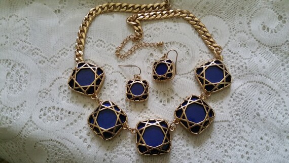 Jewelry Vintage Cobalt Blue & Gold Necklace / Earrings | Etsy