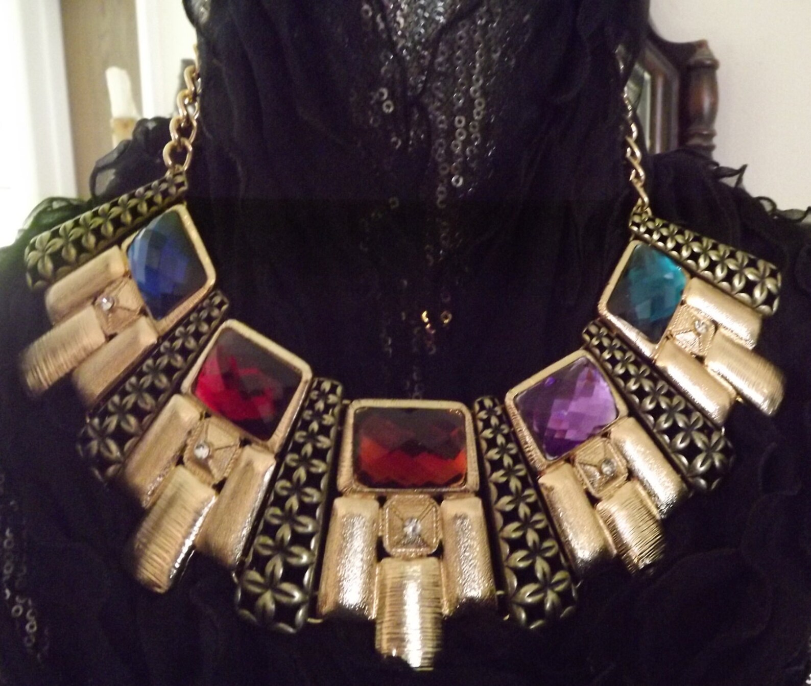 Necklace Cleopatra Style Colored Stone and Gold Bib Necklace ...