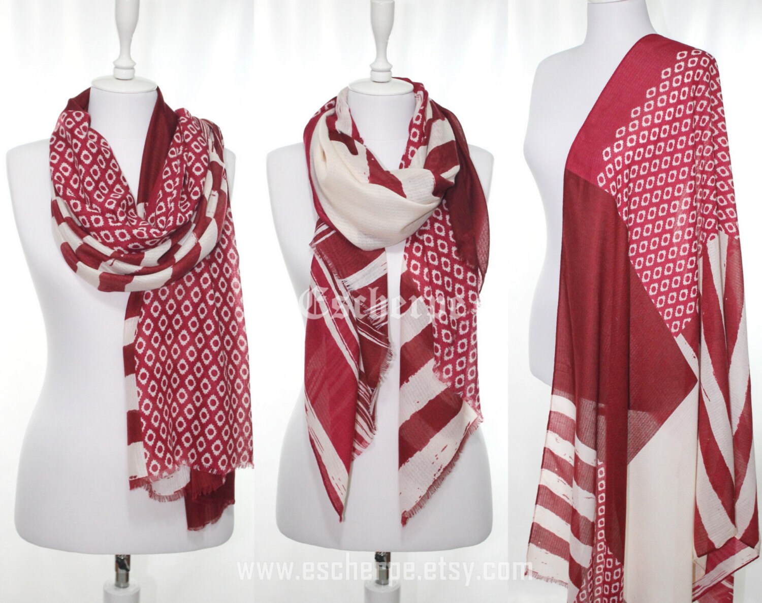 Burgundy Wine Stripped Patchwork Printed Woman Man Scarf Fall - Etsy
