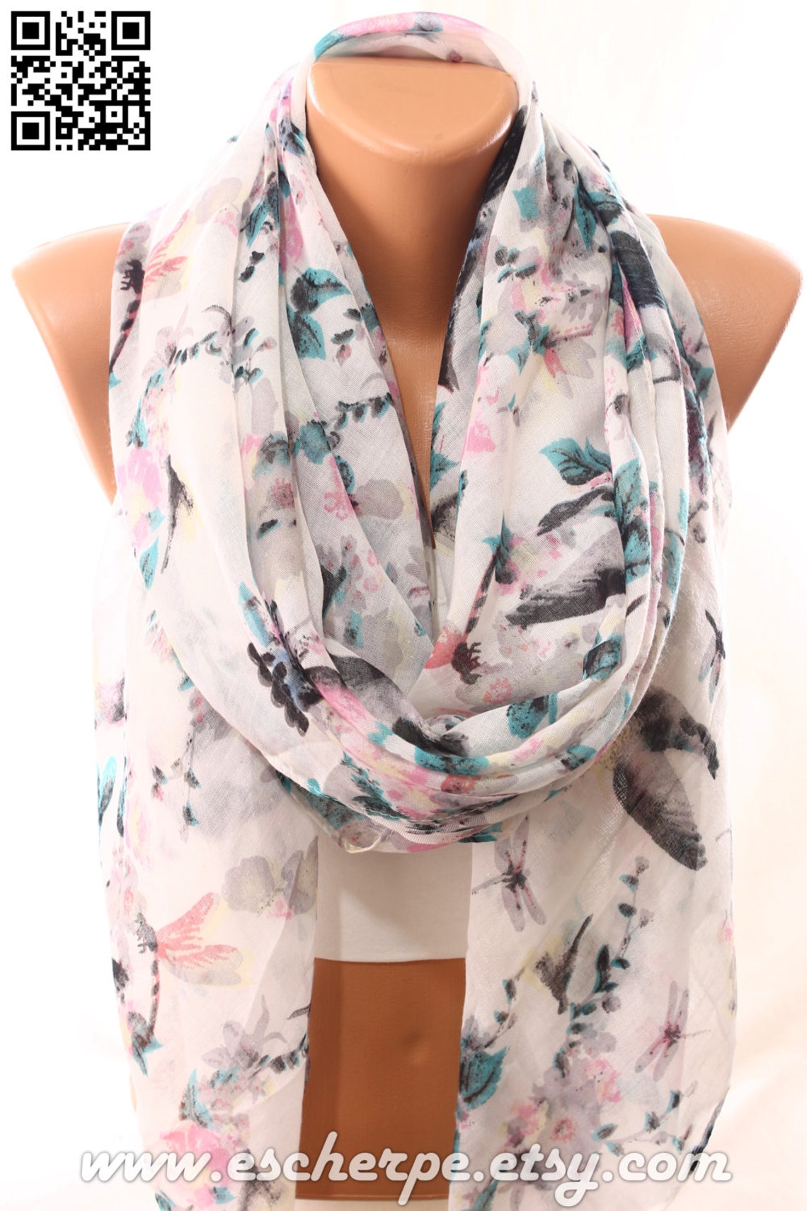 Bird Dragonfly Floral Print White Scarf Women Accessories Spring ...