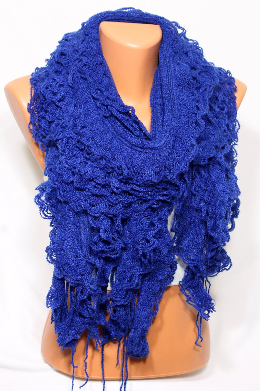 Blue Knit Fabric Scarf Lightweight Stretchy Ruffle Scarf Fringe Scarf ...