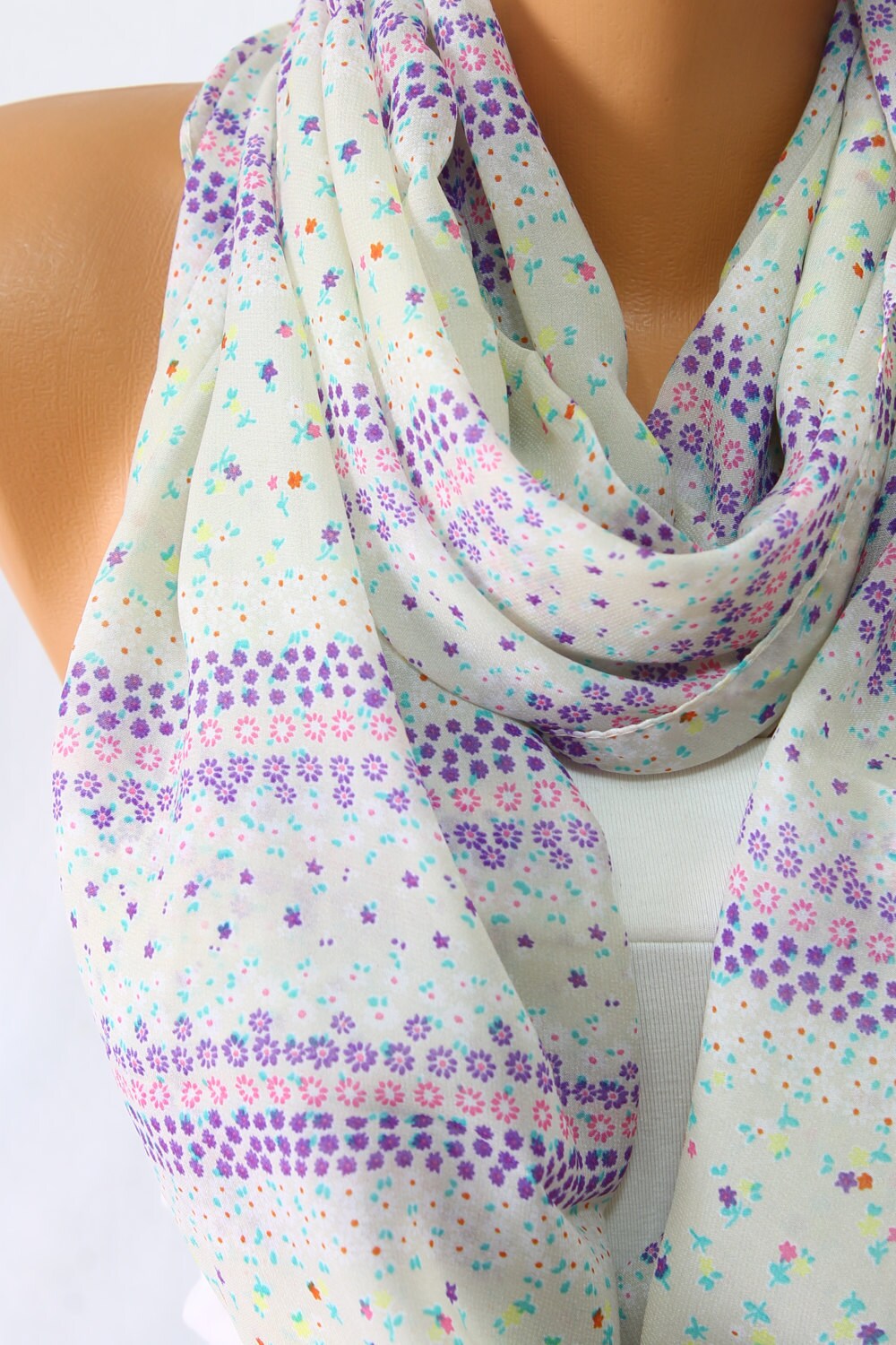 Silky Chiffon Scarf Pearl Scarf Purple Daisy Print Floral Scarf ...