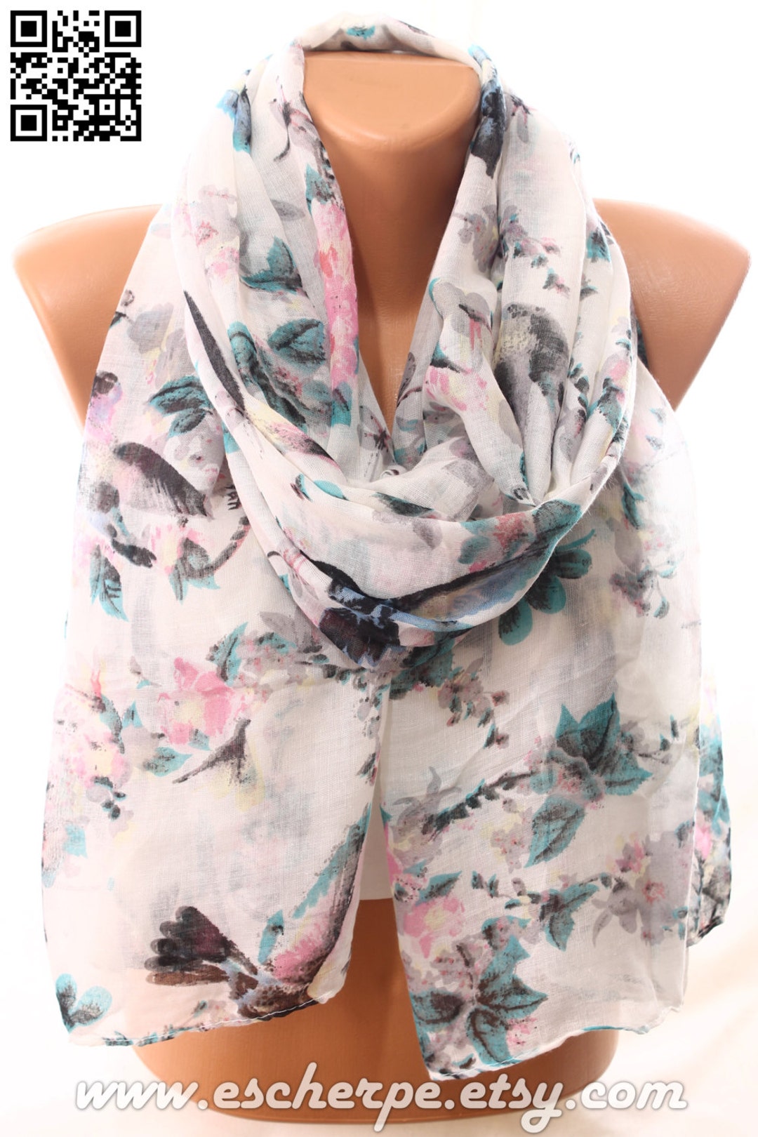 Bird Dragonfly Floral Print White Scarf Women Accessories Spring ...