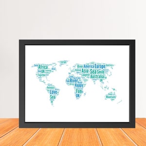 Personalized World Map Word Art Print, Custom World Map Word Cloud Gift ...