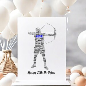 Personalized Archery Birthday Card, Male Archery Figure Word Art Print ...