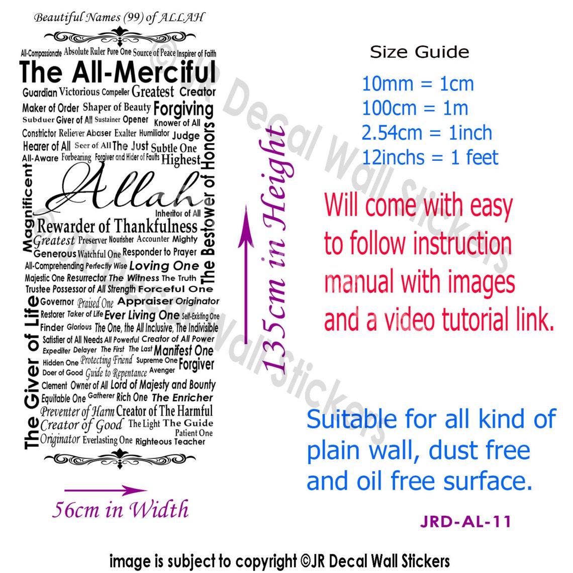 99 Names of Allah in English Vinyl Wall Decal Islamic Sticker - Etsy UK