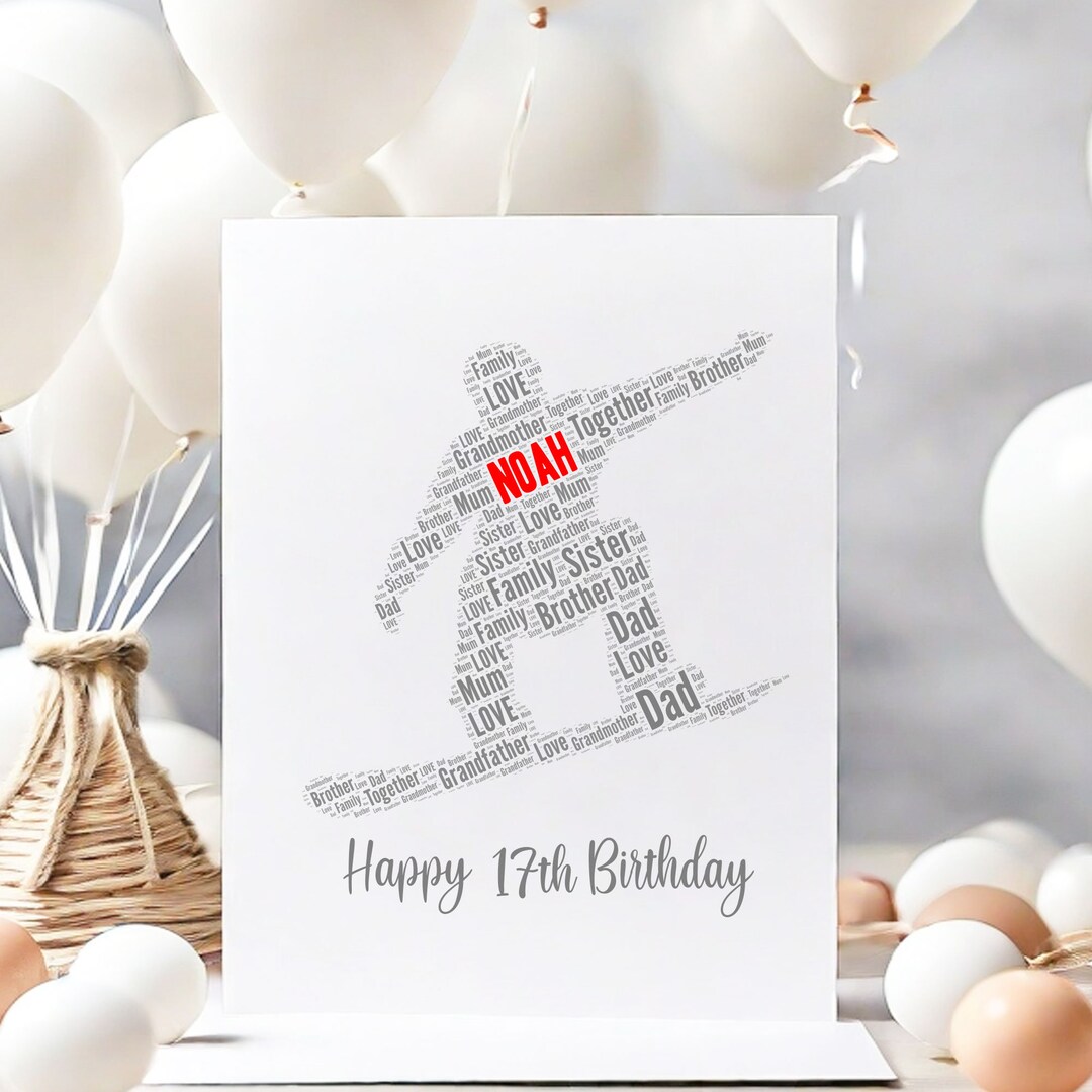 Personalized Happy Birthday Number Card, Snowboarding Figure Word Cloud ...