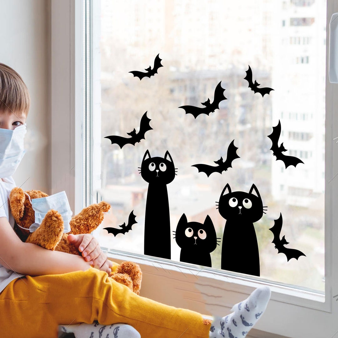 Halloween Cat and Bat Window Sticker Pack, Spooky Halloween Window ...