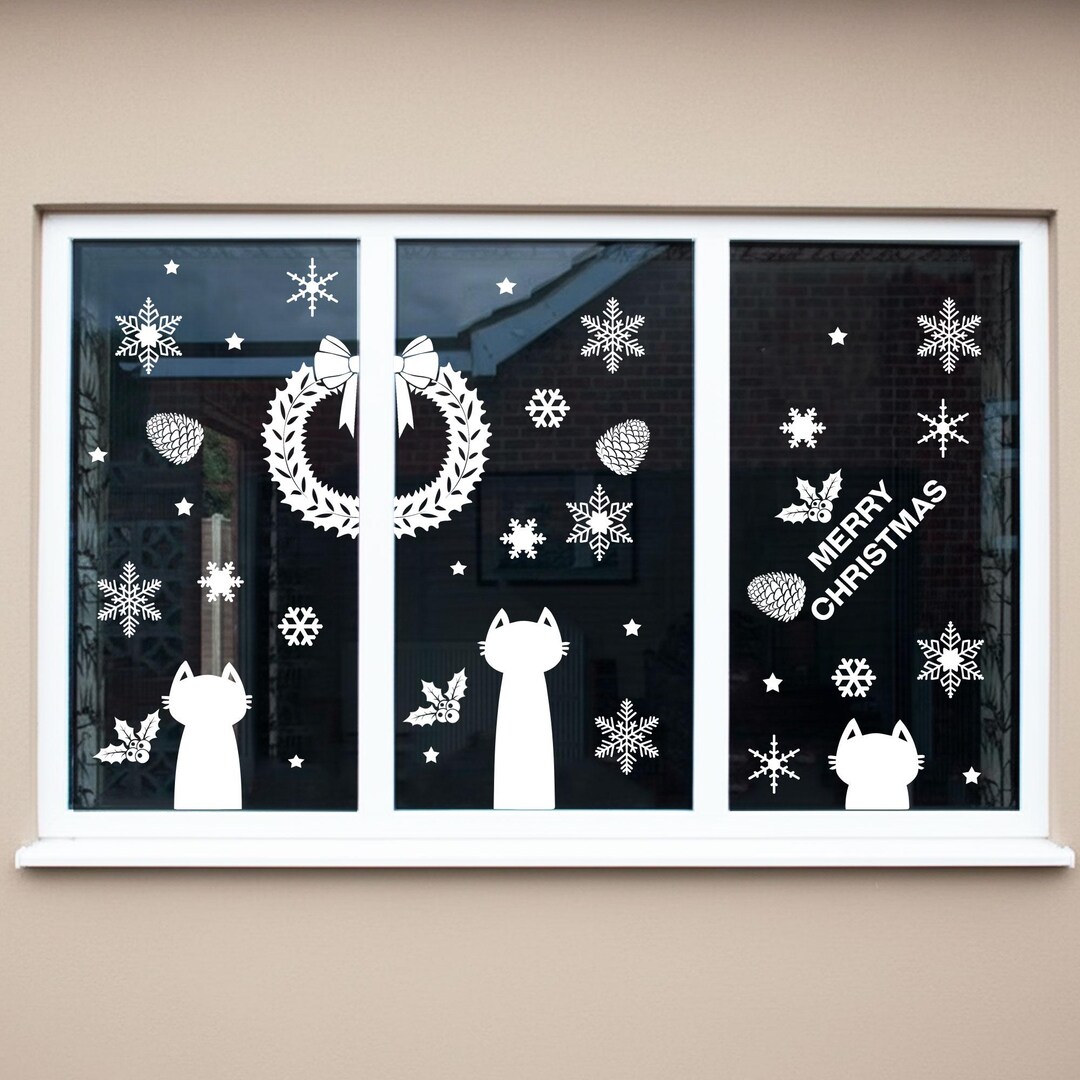 Christmas Window Sticker Pack, Cat, Snowflakes Stars Stickers Pack ...