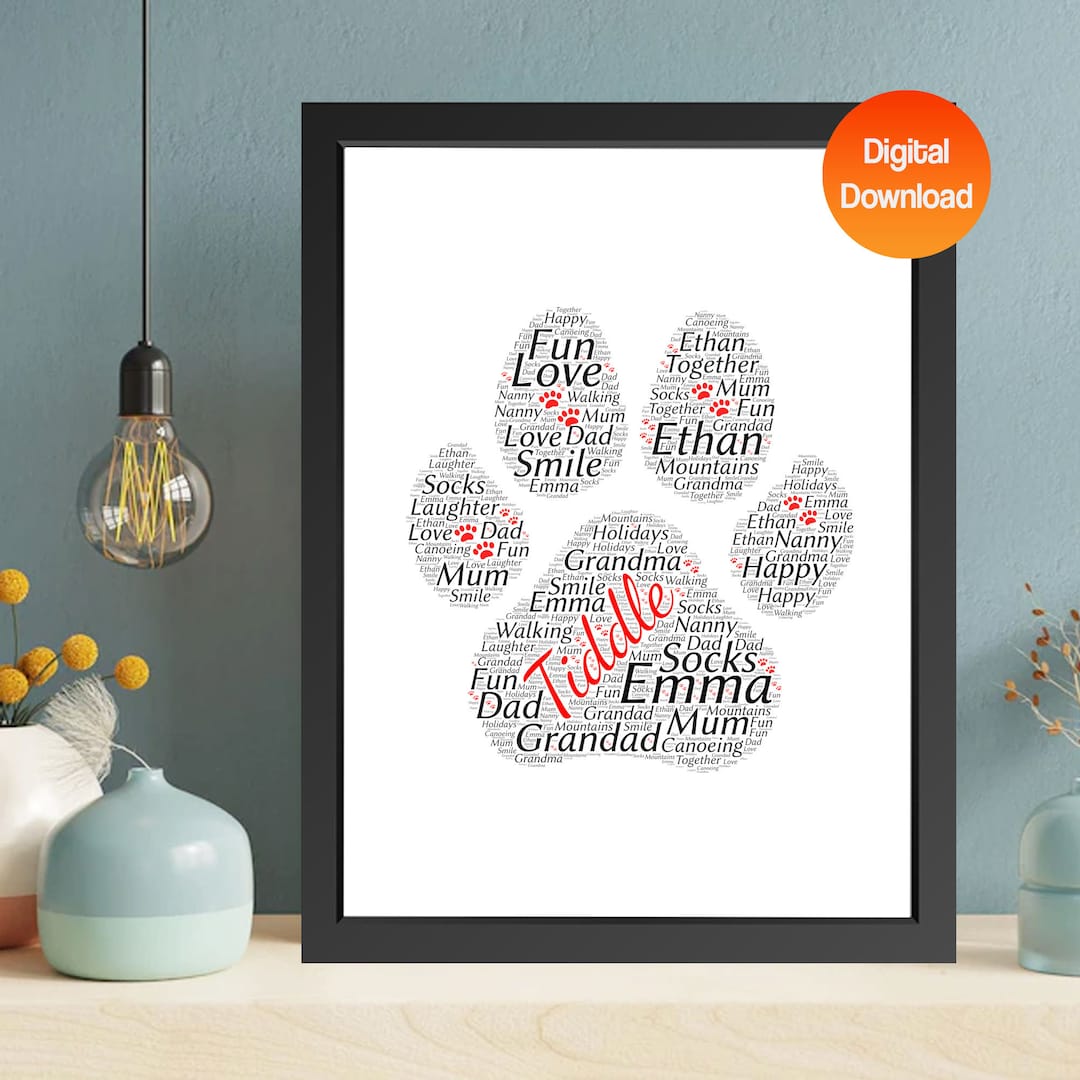 Pet Paw Print Word Art Downloadable, Paw Words Collage, New Puppy Gift ...