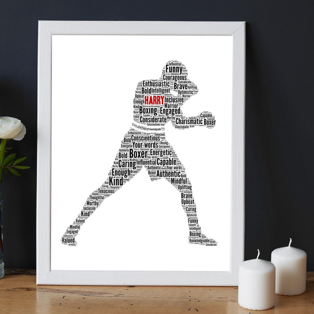 Personalised Male Boxing Word Art Frame, Custom Name Male Boxer Student ...