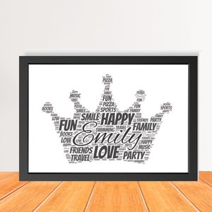 Personalised Crown Word Art Print - Custom Name Crown Word Cloud - Wall ...