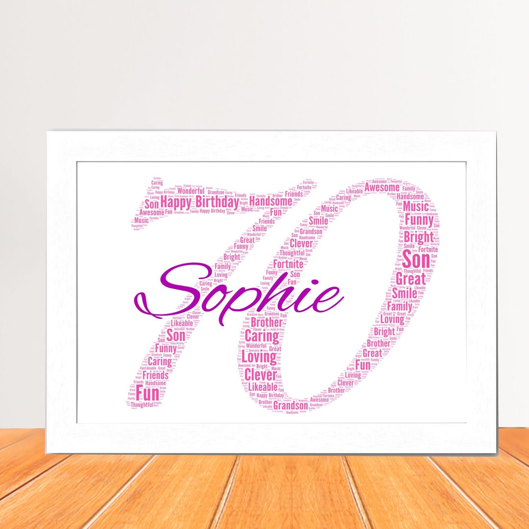 Personalized 70th Birthday Word Art Print, Custom Birthday Number Word ...