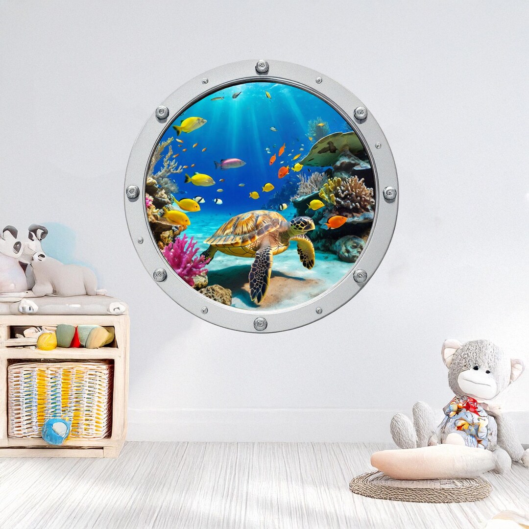 Sea Turtle Porthole Wall Sticker – 3D Coral Reef Nautical Underwater ...
