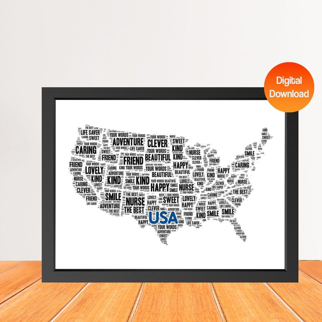 Personalized Name USA Map Word Art Print, USA Map Word Cloud Decal ...