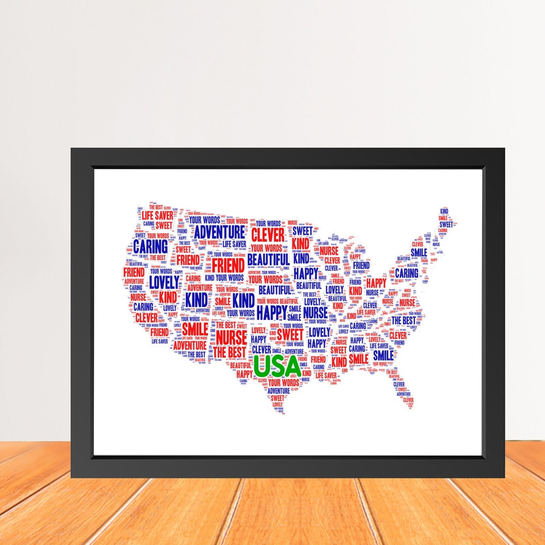 Personalized Name USA Map Word Art Print, USA Map Word Cloud Decal ...