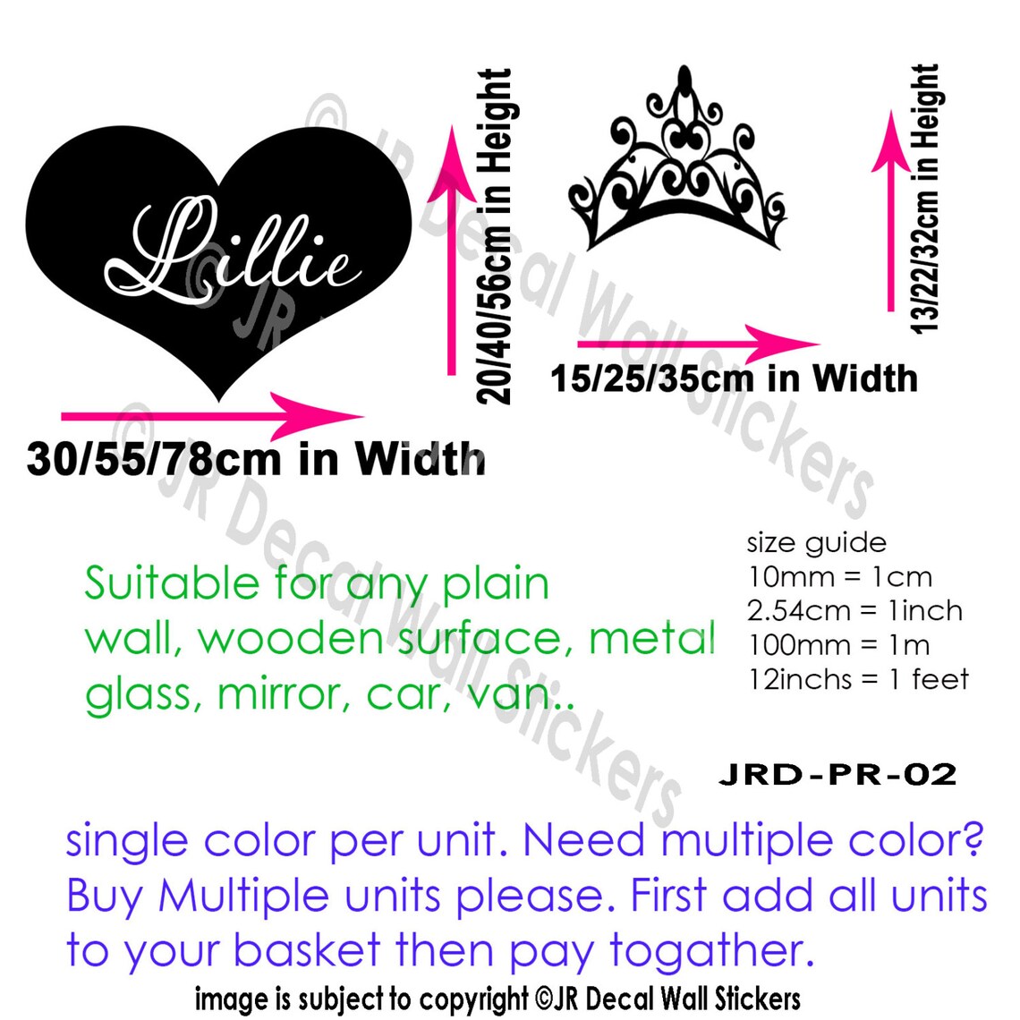 Custom Name Heart Shaped Wall Art Decals Princess Crown Girls Bedroom ...