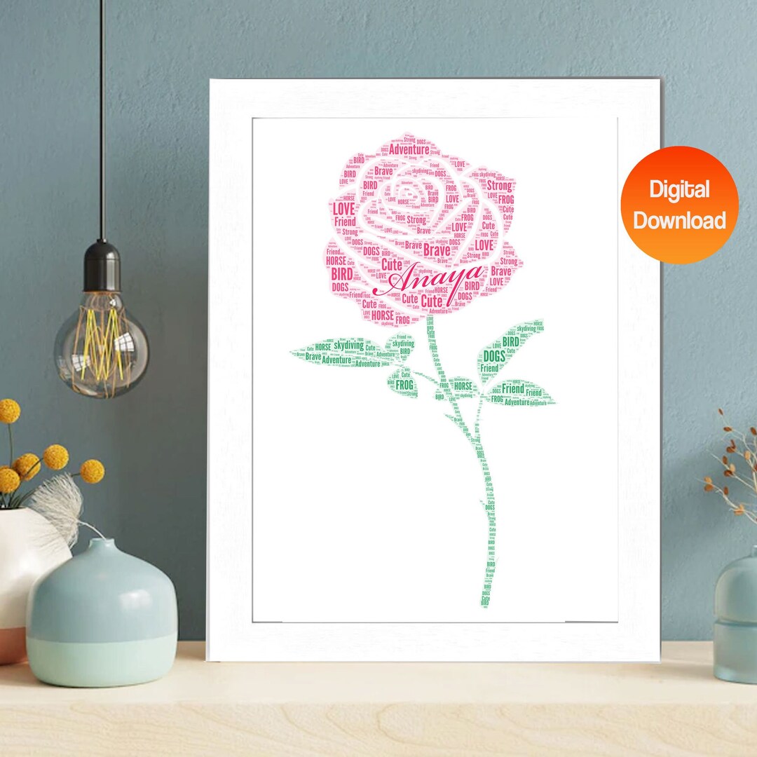 Personalized Name Rose Word Art Print, Custom Name Rose Word Cloud ...