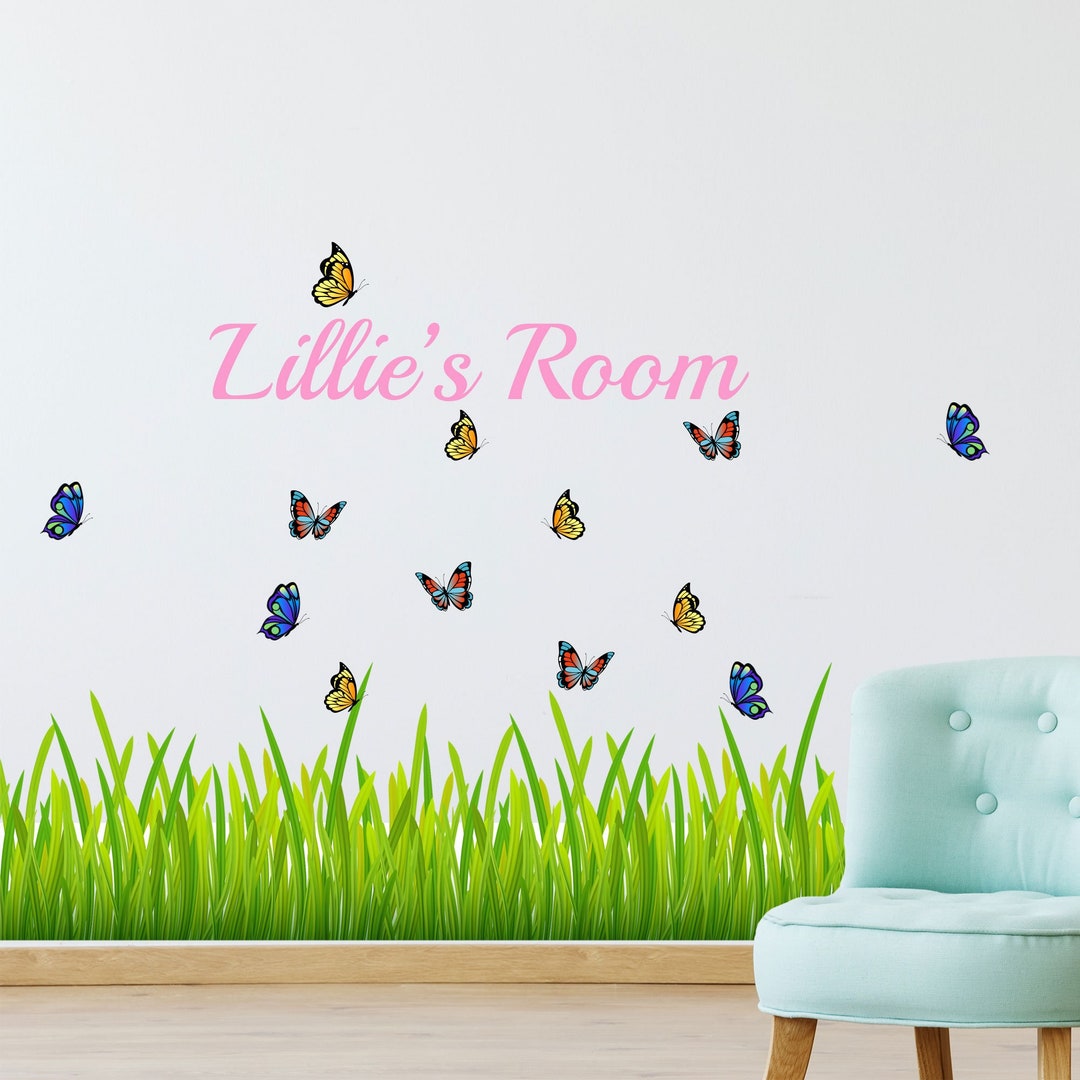 Custom Green Grass Wall Decals With Personalized Name and Butterflies ...