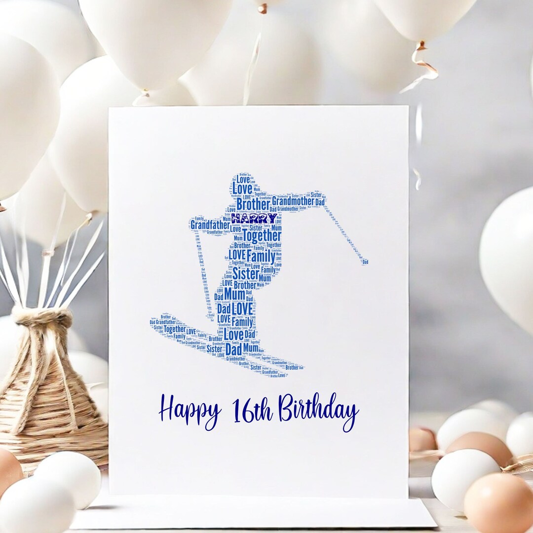 Personalized Happy Birthday Number Card, Snow Skier Word Cloud Birthday ...