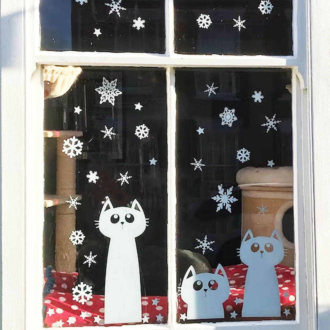 Christmas Cat Window Sticker Pack, Snowflakes Window Stickers Pack ...