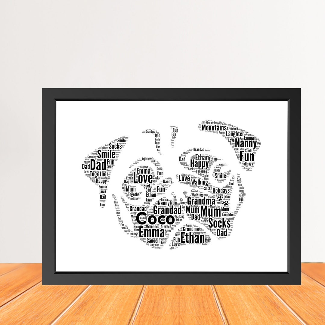 Personalized Pug Figure Word Art Print, Dog Words Collage Print, Custom ...