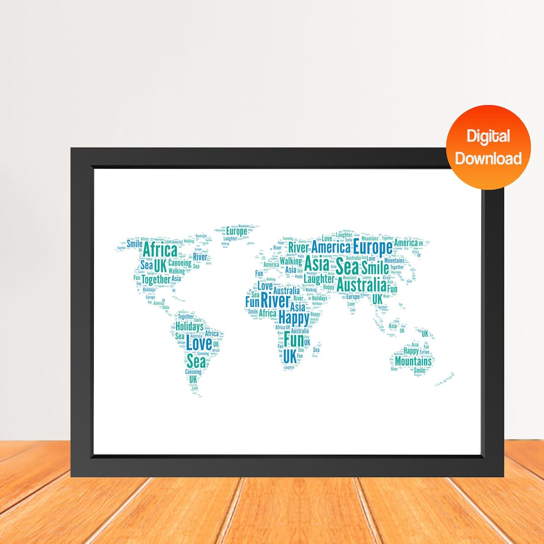 Personalized World Map Word Art Print, Custom World Map Word Cloud Gift ...